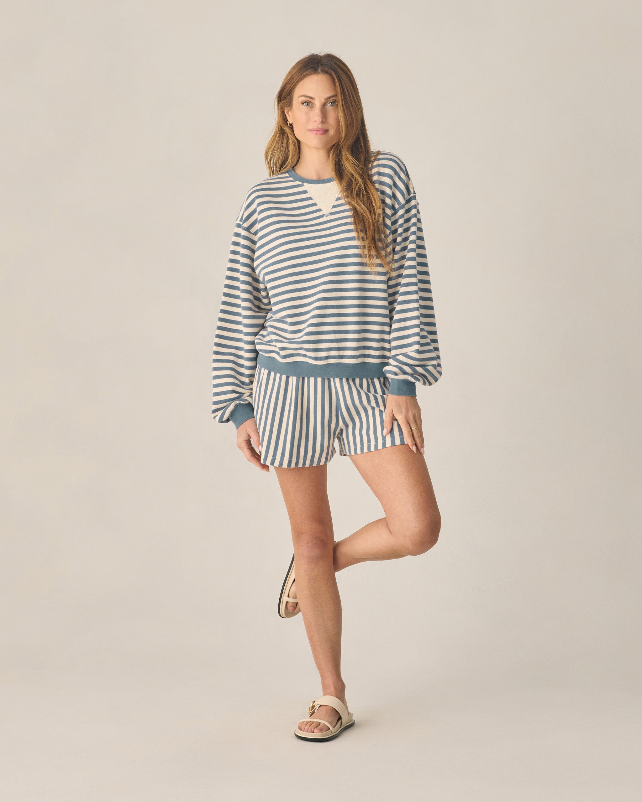 Women's Oversized Crew + Short Set Marine Stripe – Rylee + Cru